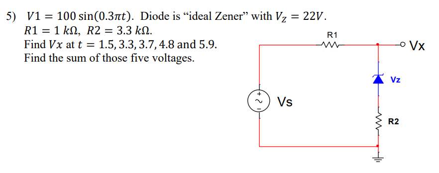 Solved V1=100sin(0.3πt). Diode is "ideal Zener" with | Chegg.com