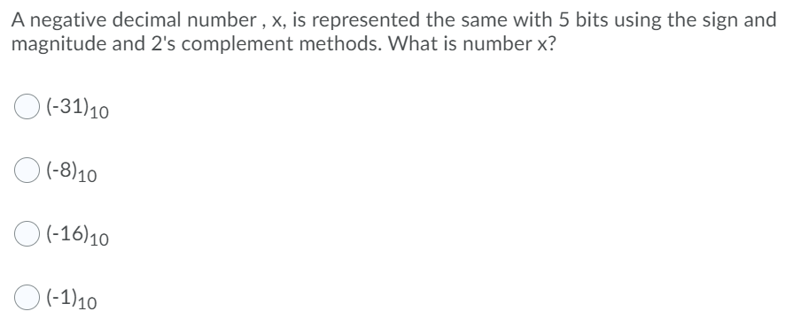 Solved A negative decimal number , x, is represented the | Chegg.com