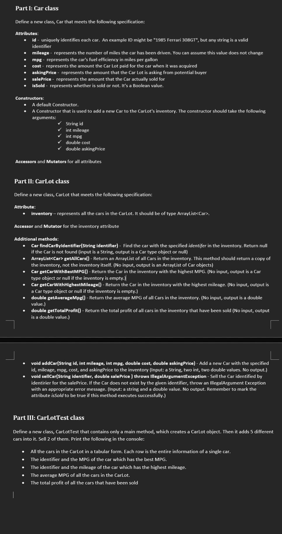 Solved Part I: Car class Define a new class, Car that meets | Chegg.com