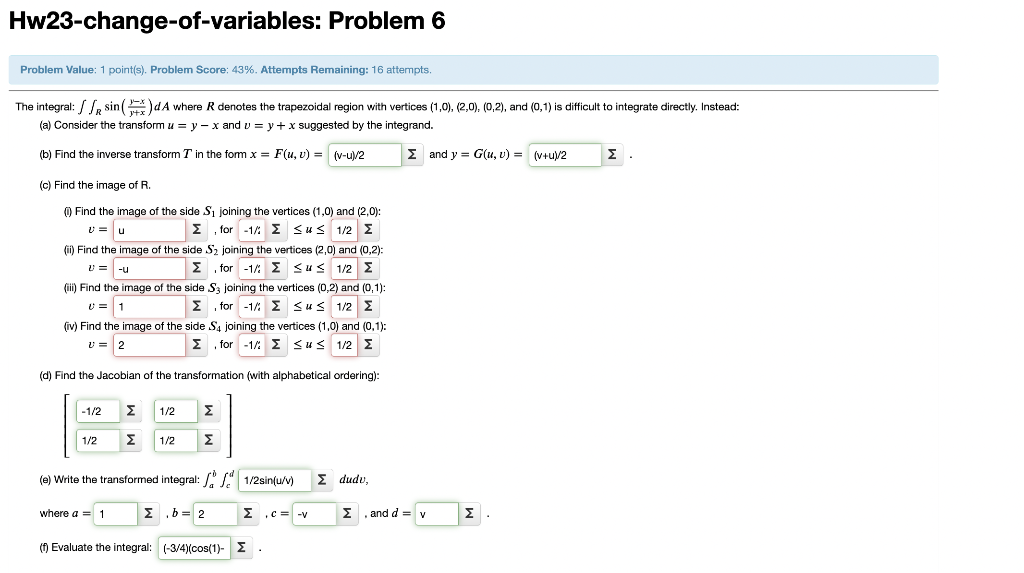 Solved Hw23-change-of-variables: Problem 6 Problem Value: 1 | Chegg.com