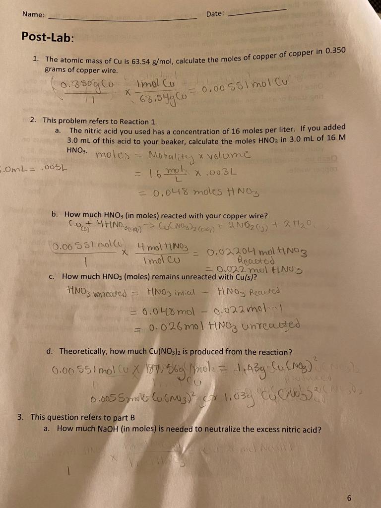 Solved Name: Date: Post-Lab: 1. The atomic mass of Cu is | Chegg.com