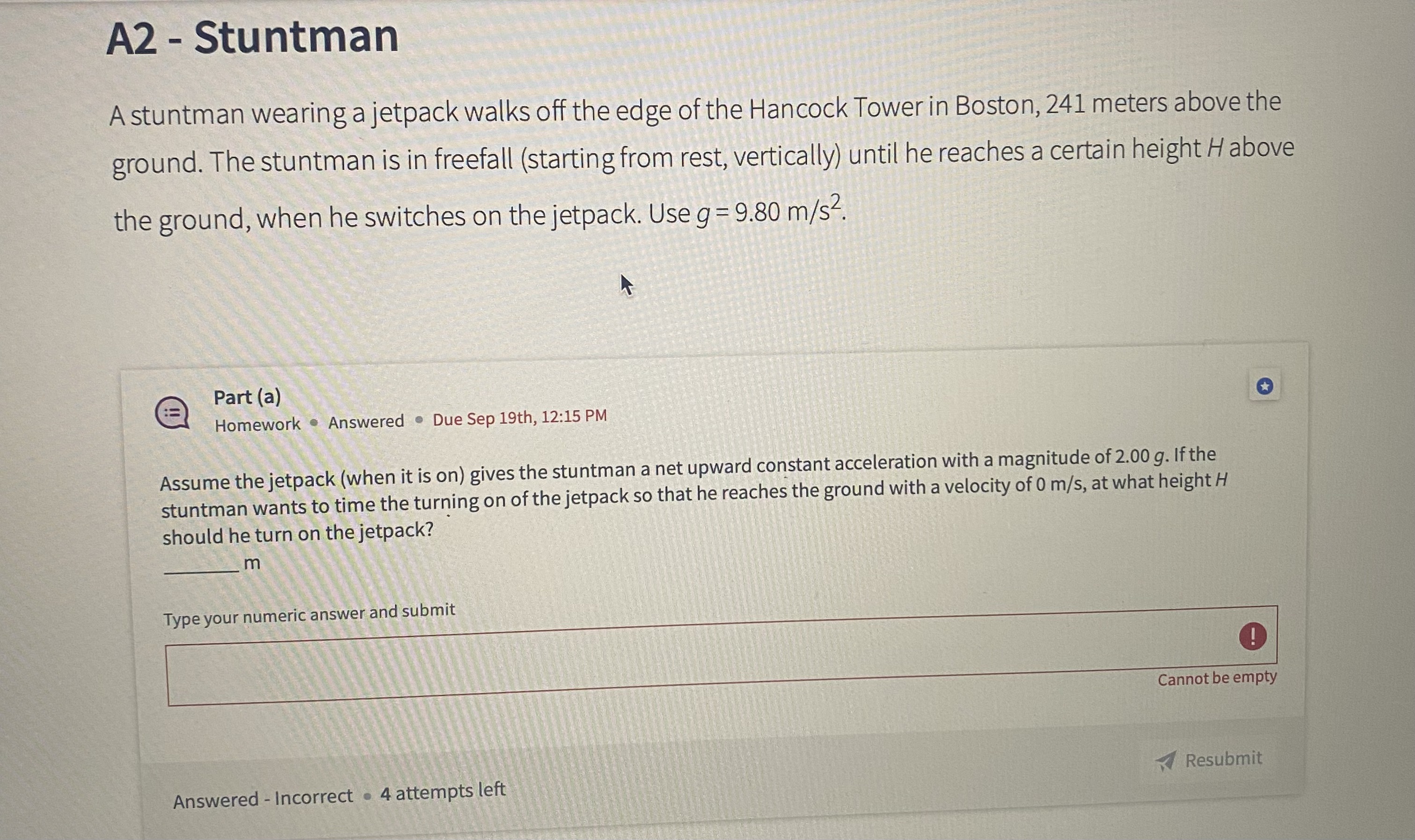 Solved A stuntman wearing a jetpack walks off the edge of | Chegg.com