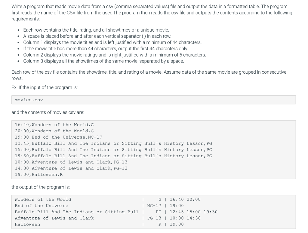 Solved Write a program that reads movie data from a csv | Chegg.com