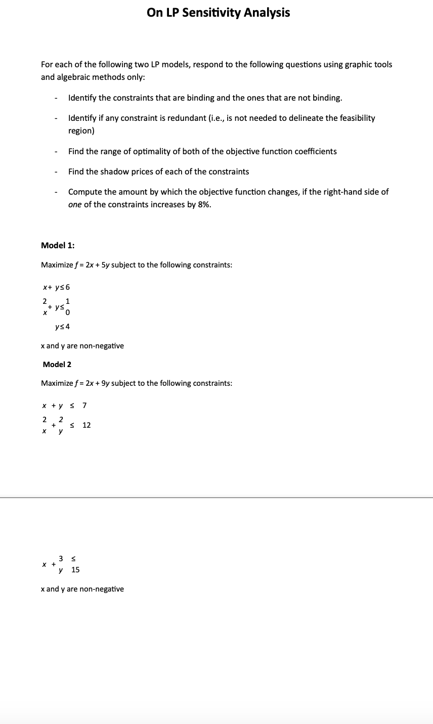 On LP Sensitivity AnalysisFor each of the following | Chegg.com