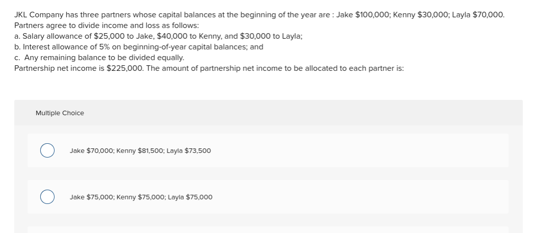 Solved JKL Company has three partners whose capital balances | Chegg.com