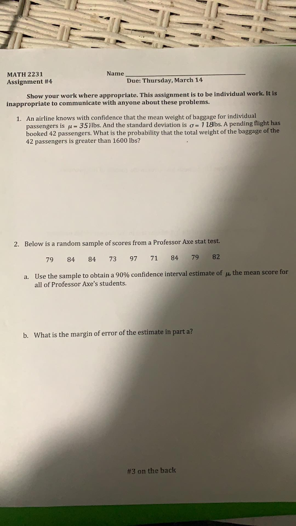 Solved MATH 2231 Assignment #4 Name Due: Thursday, March 14 | Chegg.com