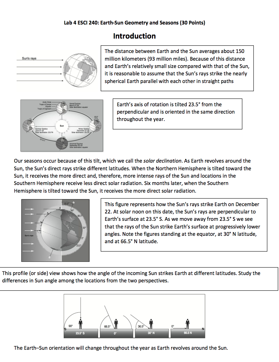 Solved Lab 4 ESCI 240: Earth-Sun Geometry and Seasons (30 | Chegg.com