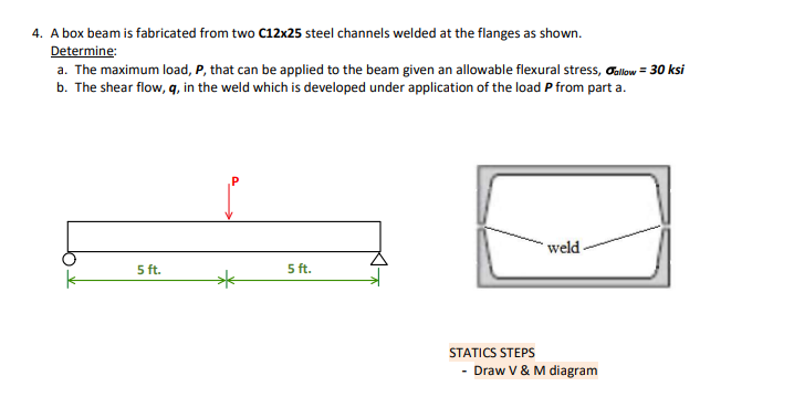 Solved 4. A box beam is fabricated from two C12x25 steel | Chegg.com
