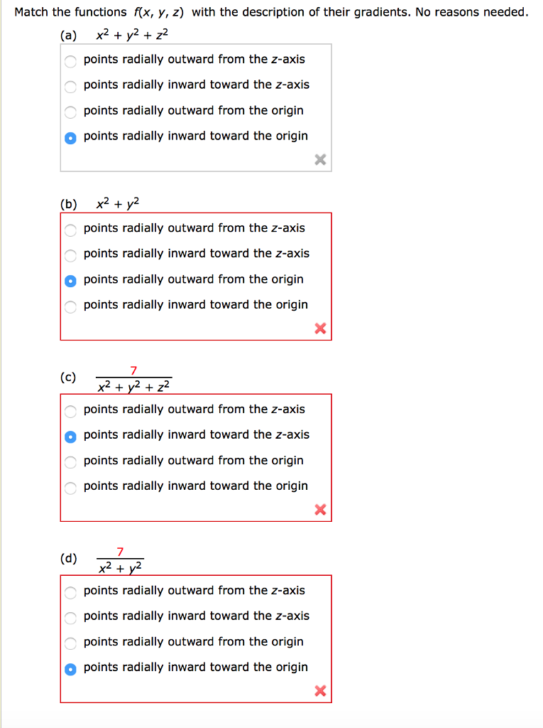 Solved Match the functions f(x, y, z) with the description | Chegg.com