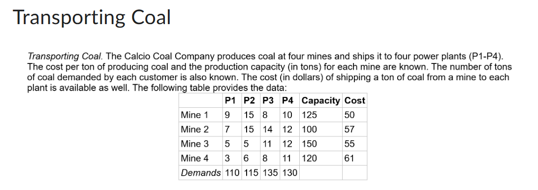 Solved Transporting CoalTransporting Coal. The Calcio Coal | Chegg.com