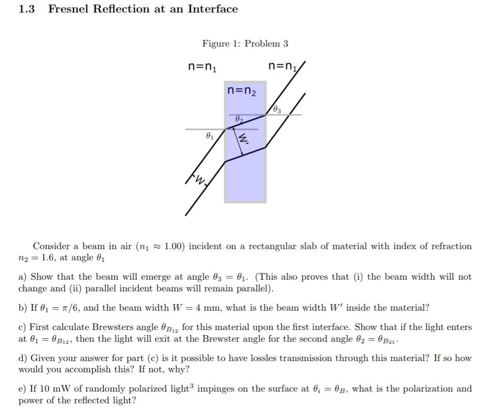 Solved 1.3 Fresnel Reflection at an Interface Figure 1: | Chegg.com