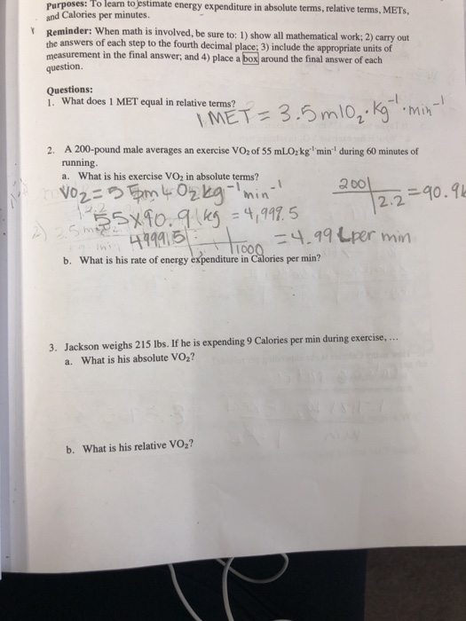 Solved Purposes: To learn to estimate energy expenditure in | Chegg.com