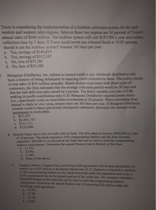 Solved Tocor is considering the implementation of a lockbox | Chegg.com