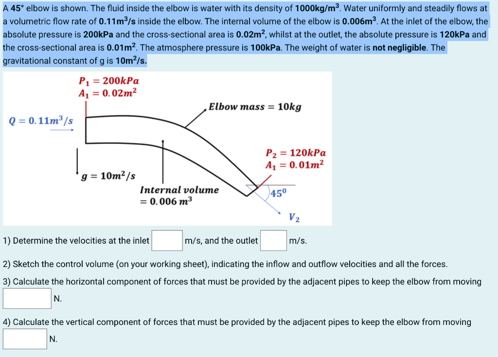 A 45∘ elbow is shown. The fluid inside the elbow is | Chegg.com