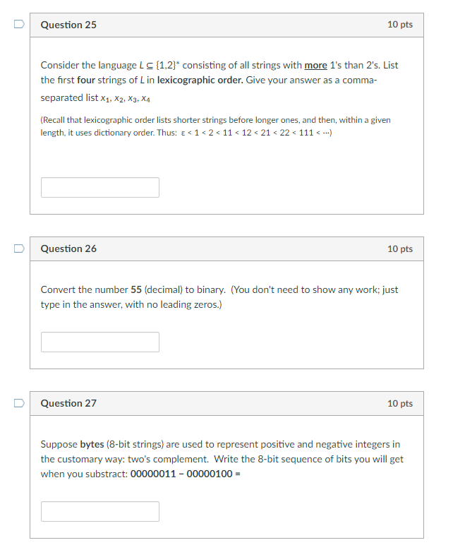 Solved Question 25 10 pts Consider the language L {1,2}* | Chegg.com