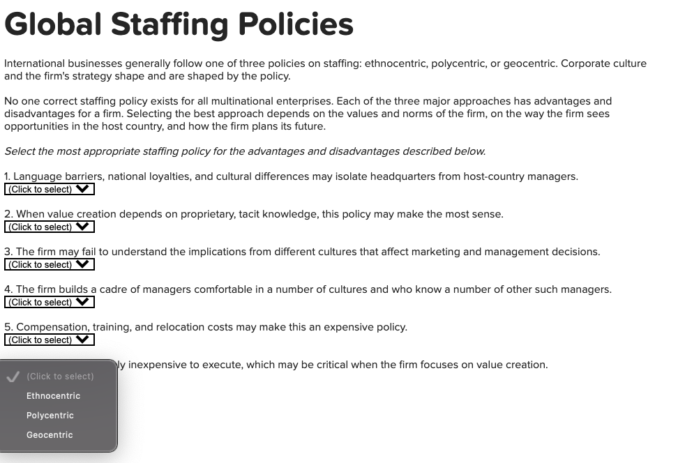 Solved Global Staffing Policies International businesses | Chegg.com