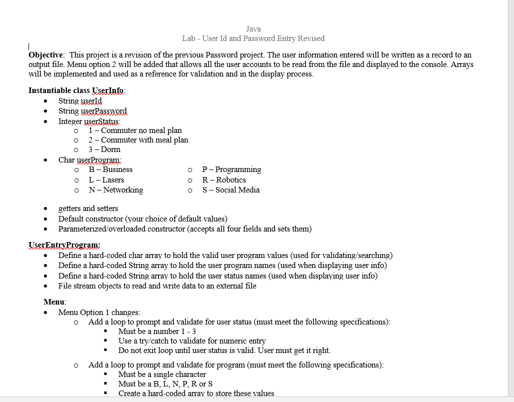 Solved Java Lab - User Id and Password Entry Revised | Chegg.com