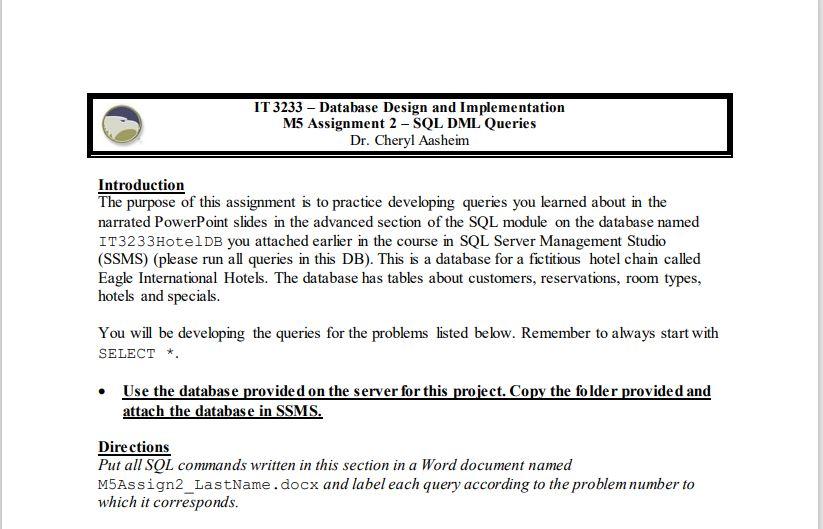 IT 3233 - Database Design and Implementation M5 | Chegg.com