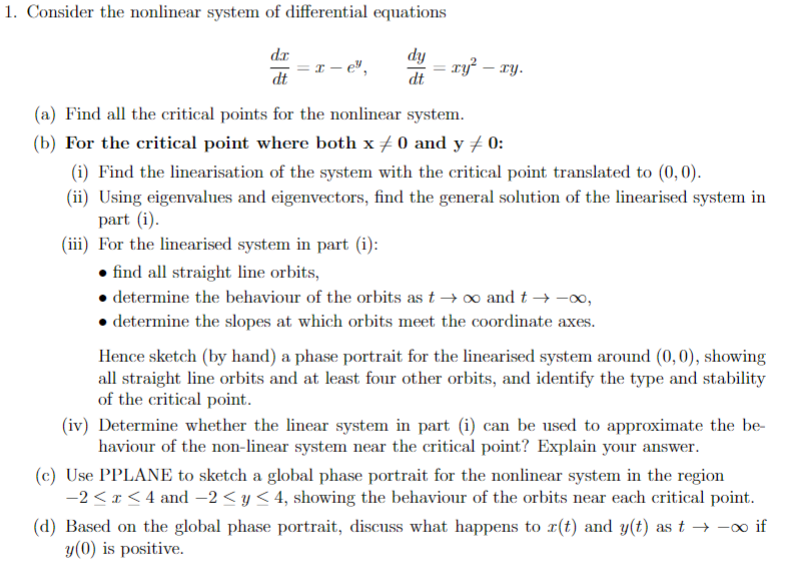 Solved 1. Consider the nonlinear system of differential | Chegg.com