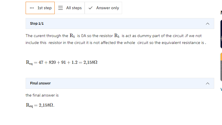 Solved RT=47Ω+820Ω+91Ω+1.2kΩ=2158.0ΩThe curent through the | Chegg.com