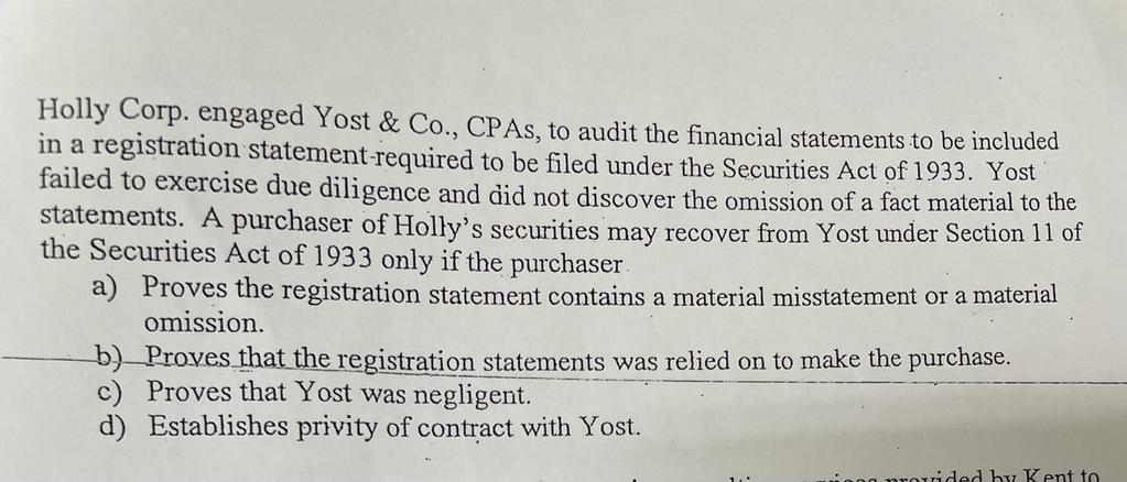 Solved Holly Corp. engaged Yost & Co., CPAs, to audit the | Chegg.com