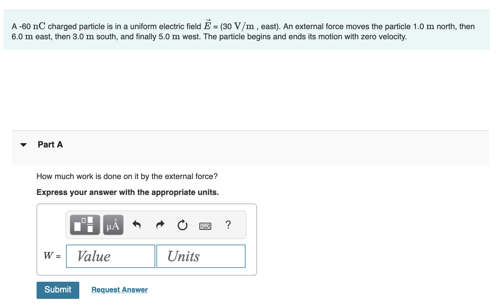 Solved A - 60nC ﻿charged particle is in a uniform electric | Chegg.com