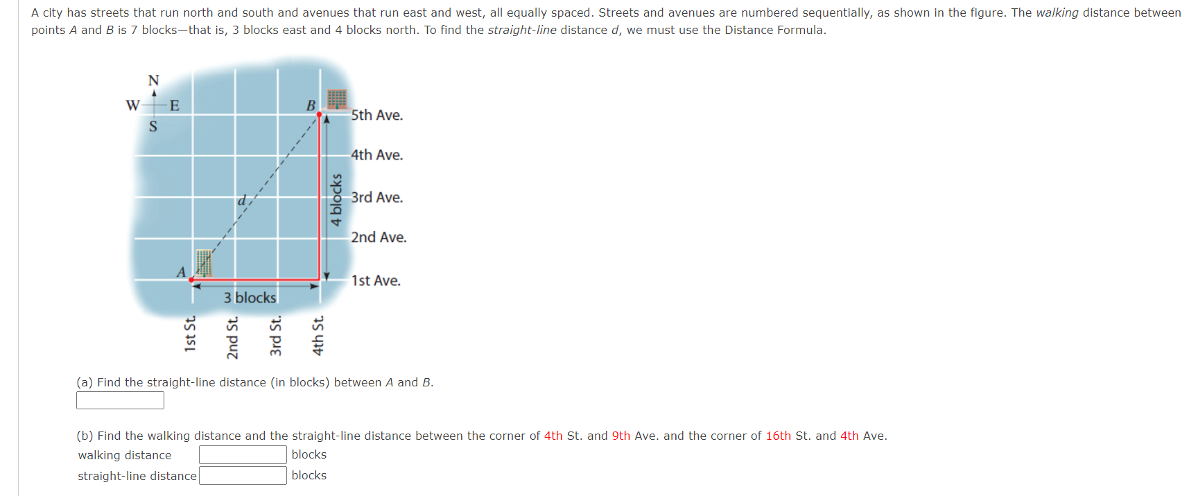 Solved points A and B is 7 blocks-that is, 3 blocks east and | Chegg.com