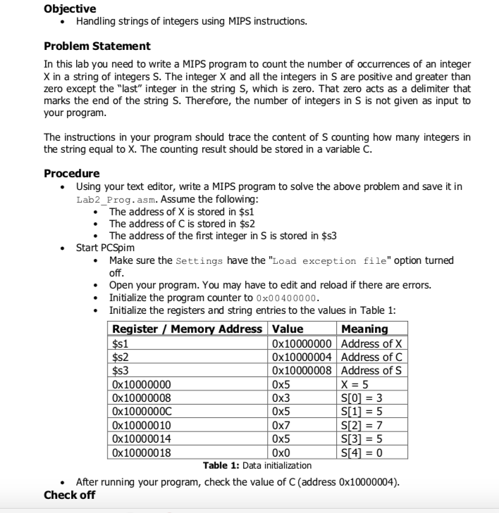 Objective Handling Strings Of Integers Using Mips