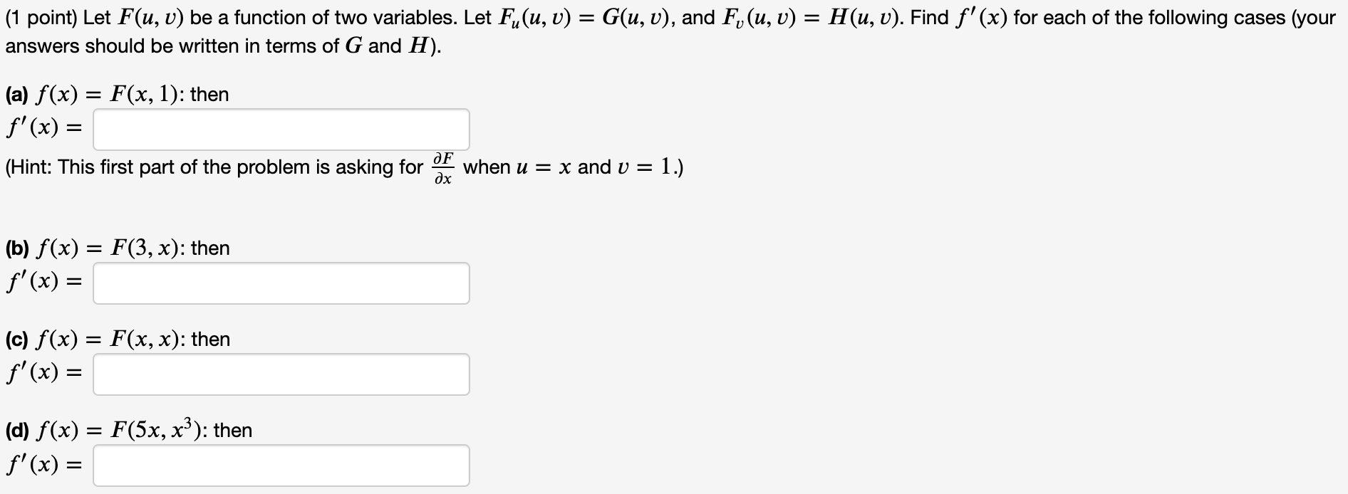 Solved (1 point) Let F(u, v) be a function of two variables. | Chegg.com