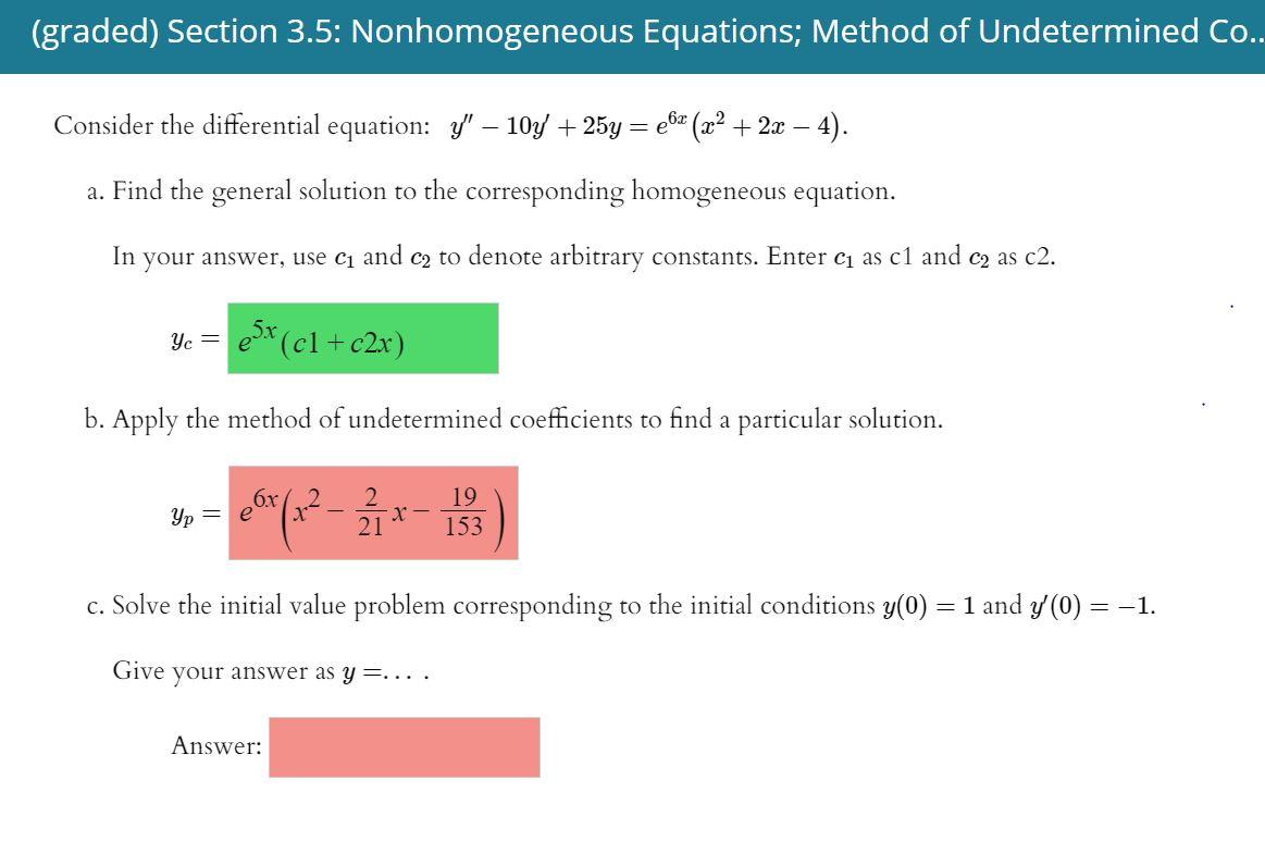 Solved (graded) Section 3.5: Nonhomogeneous Equations; | Chegg.com