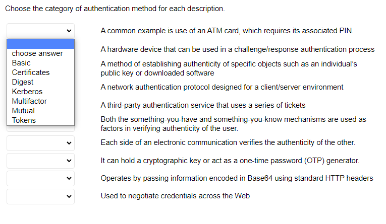 Solved Choose the category of authentication method for each | Chegg.com