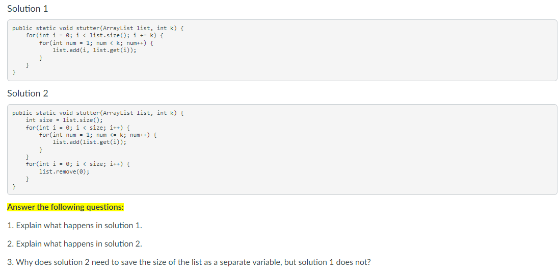 Solved Solution 1public static void stutter(ArrayList list, | Chegg.com