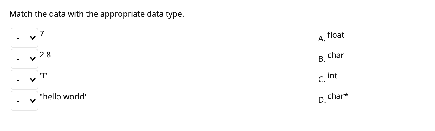 Solved Match the data with the appropriate data type. 7 | Chegg.com