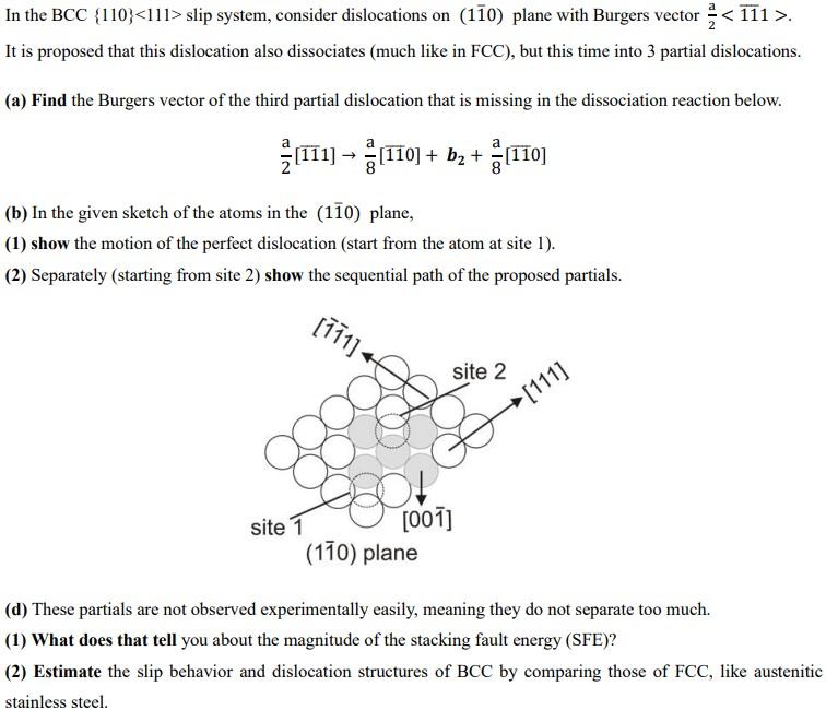 In the BCC {110} slip system, consider | Chegg.com