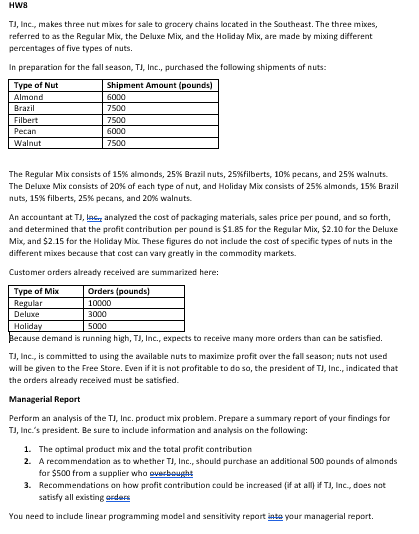 Solved HW8 TJ, Inc., makes three nut moxes for sale to | Chegg.com