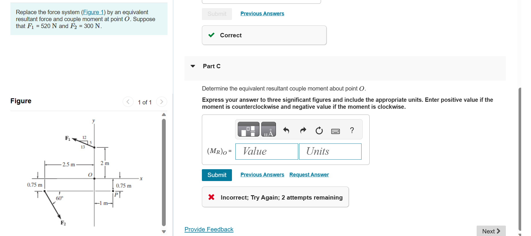 Solved Replace the force system (Figure 1) by an equivalent | Chegg.com