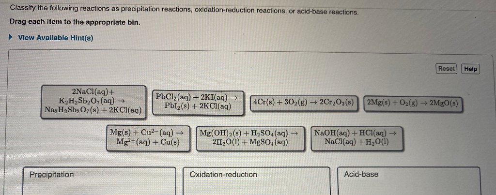 Solved Classify the following reactions as precipitation | Chegg.com