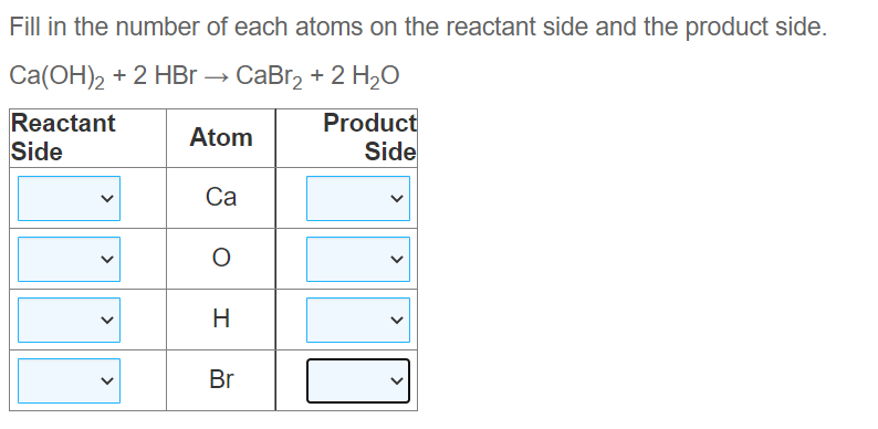 Solved Fill in the number of each atoms on the reactant side | Chegg.com
