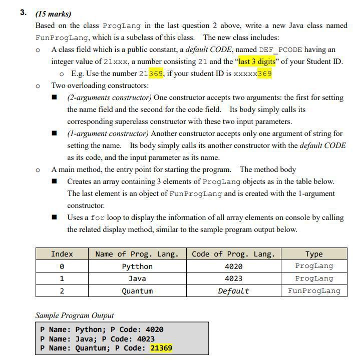Solved 2. (15 marks) public class ProgLang { // represent | Chegg.com