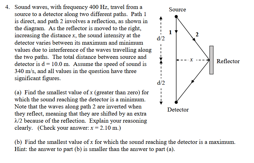 Solved Source 1 2 d/2 4. Sound waves, with frequency 400 Hz, | Chegg.com