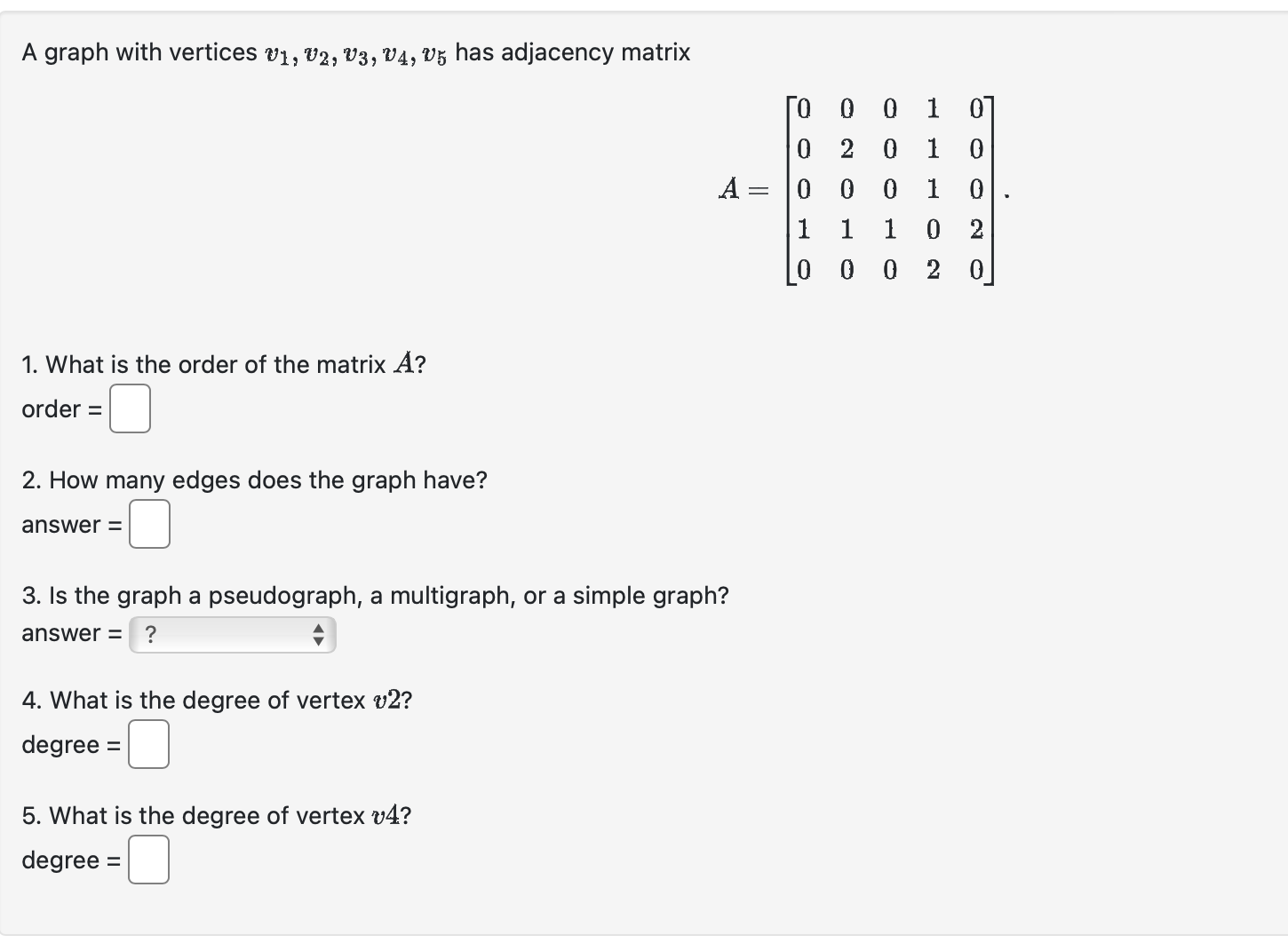 Solved A graph with vertices v1,v2,v3,v4,v5 ﻿has adjacency | Chegg.com