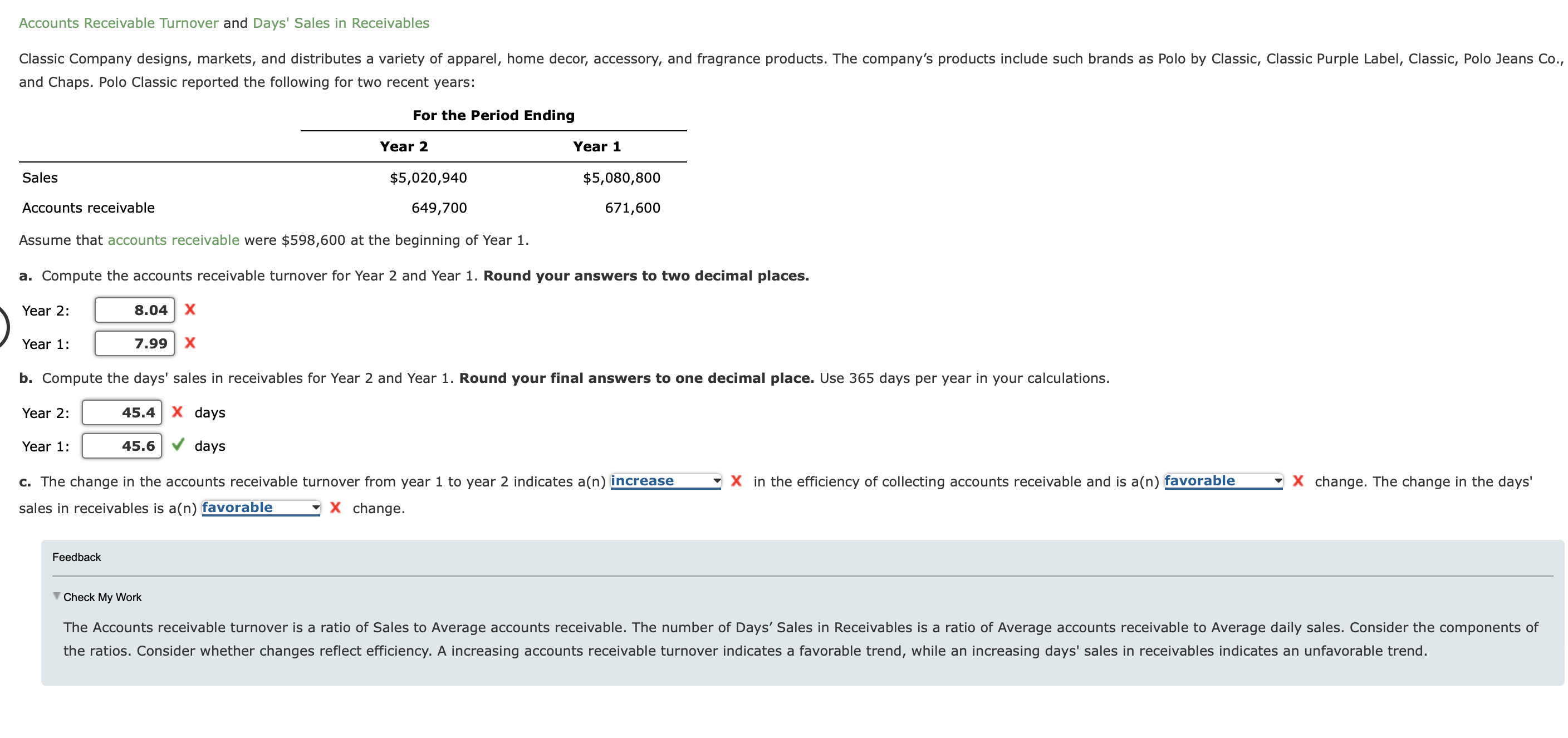 Solved Accounts Receivable Turnover and Days' Sales in | Chegg.com