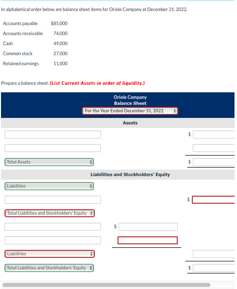 Solved In alphabetical order below are balance sheet items | Chegg.com