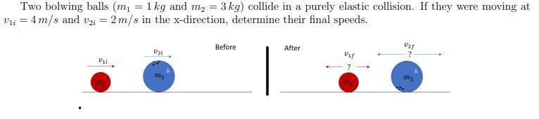Solved Two bolwing balls (m1=1 kg and m2=3 kg ) collide in a | Chegg.com