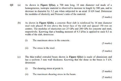 Solved Q2 (b) (c) As shown in Figure Q2(a), a 700 mm long, | Chegg.com