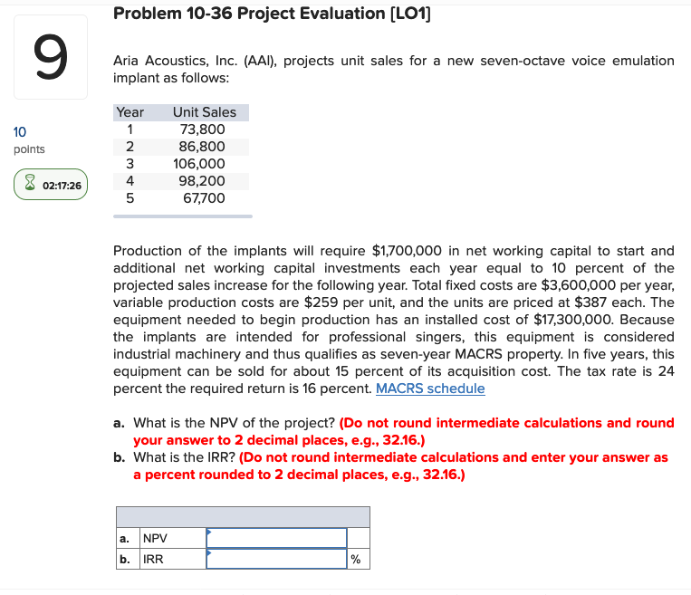 Solved Problem 10-36 Project Evaluation (LO1) Aria | Chegg.com