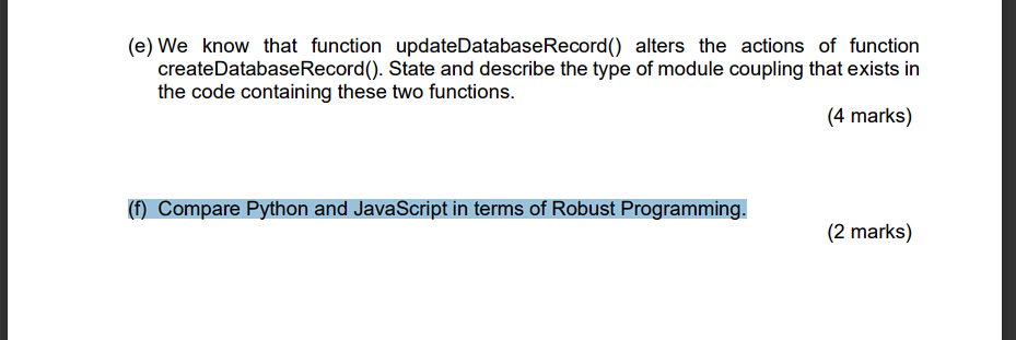 Solved (e) We know that function updateDatabaseRecord() | Chegg.com