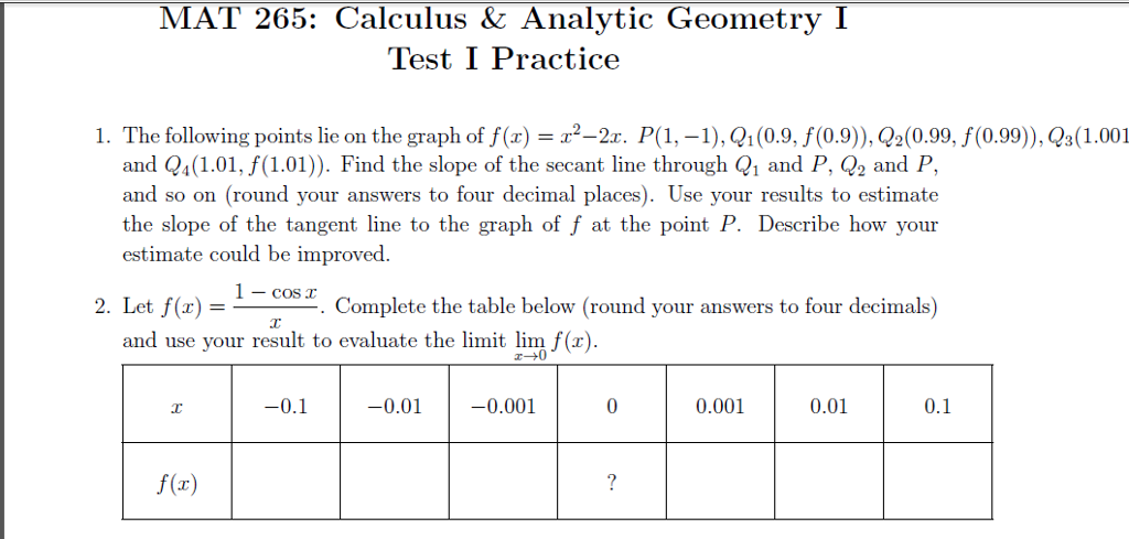 Solved MAT 265: Calculus & Analytic Geometry I Test Practice | Chegg.com