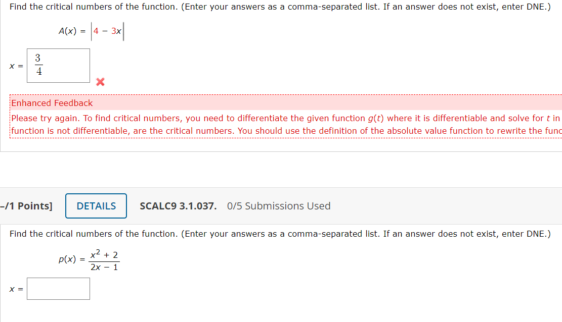 Solved A(x)=∣4−3x∣ x= Enhanced Feedback Please try again. To | Chegg.com
