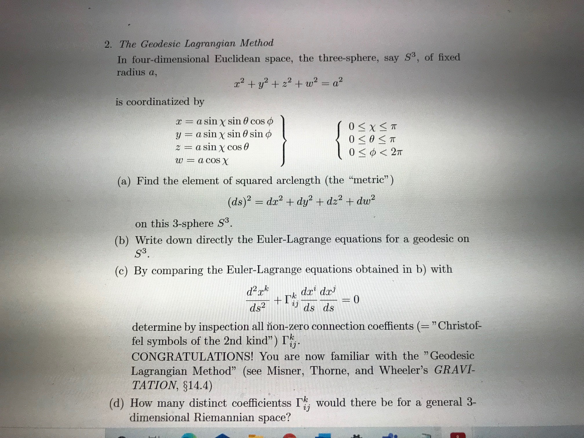 Solved 2. The Geodesic Lagrangian Method In four-dimensional | Chegg.com